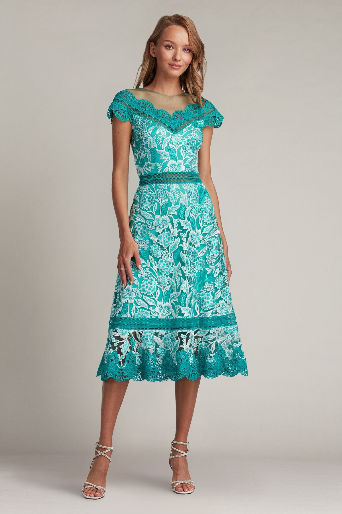 TADASHI SHOJI Tadashi Shoji Banded Scalloped Lace Midi Dress